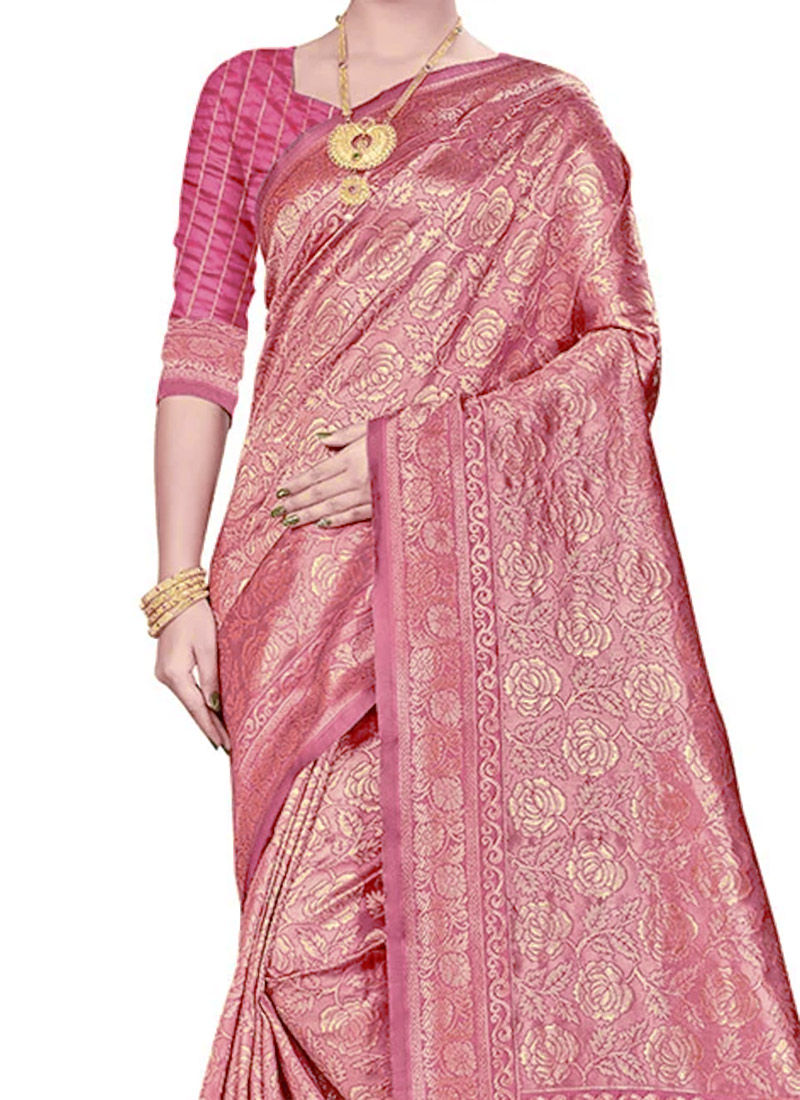 Shop Banarasi Silk Peach Color Zari Work Saree Festive Wear Online at ...