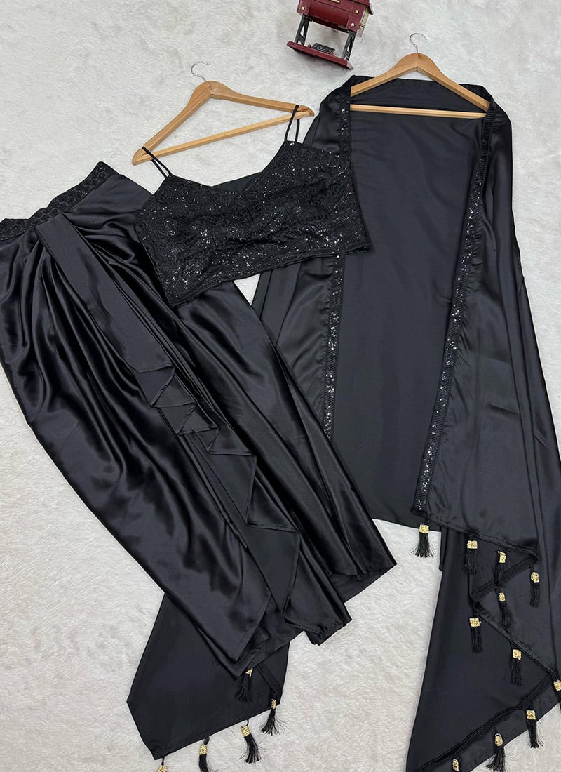 Buy Black Satin Silk Sequins Indowestern Dhoti Style Skirt Jacket Set Festive Wear Online at ...