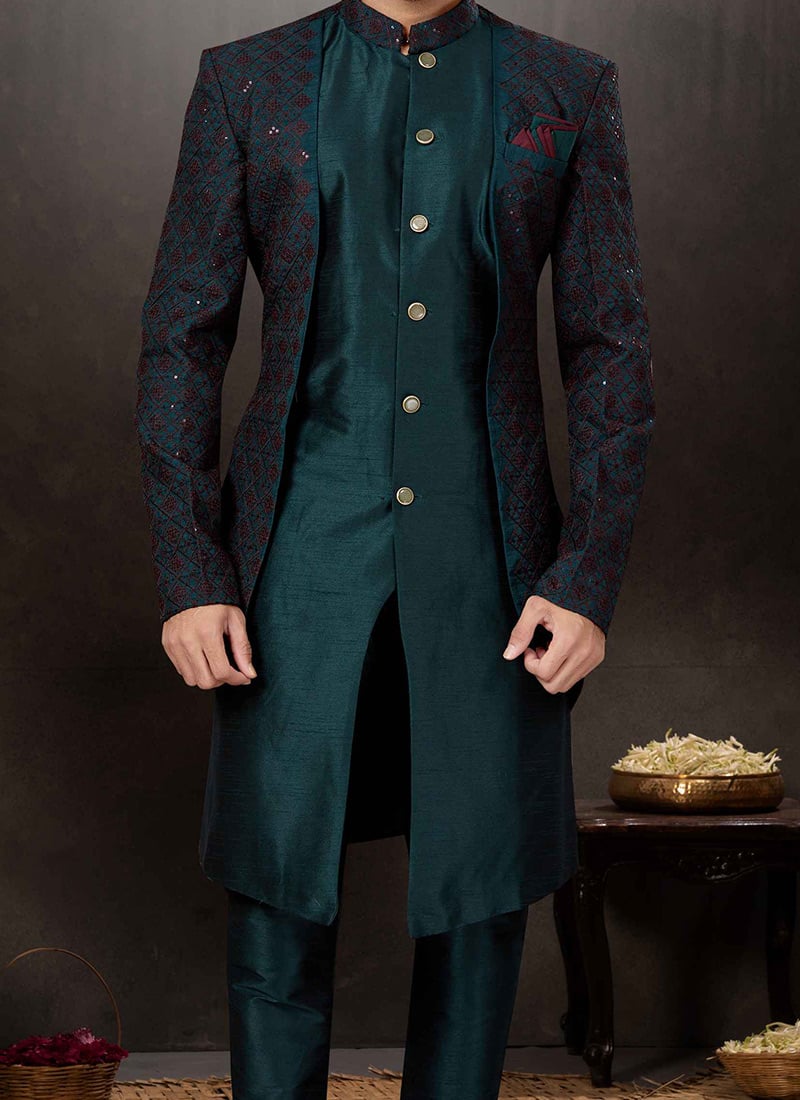 Shop Bottle Green Art Silk Jacquard Indowestern sherwani Party Wear ...