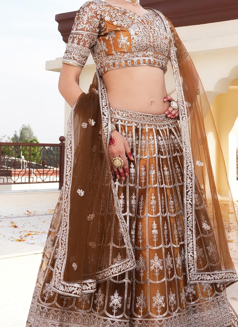 Buy Brown Net Zari Embroidered Sequins Gorgeous Lehenga Wedding Wear ...