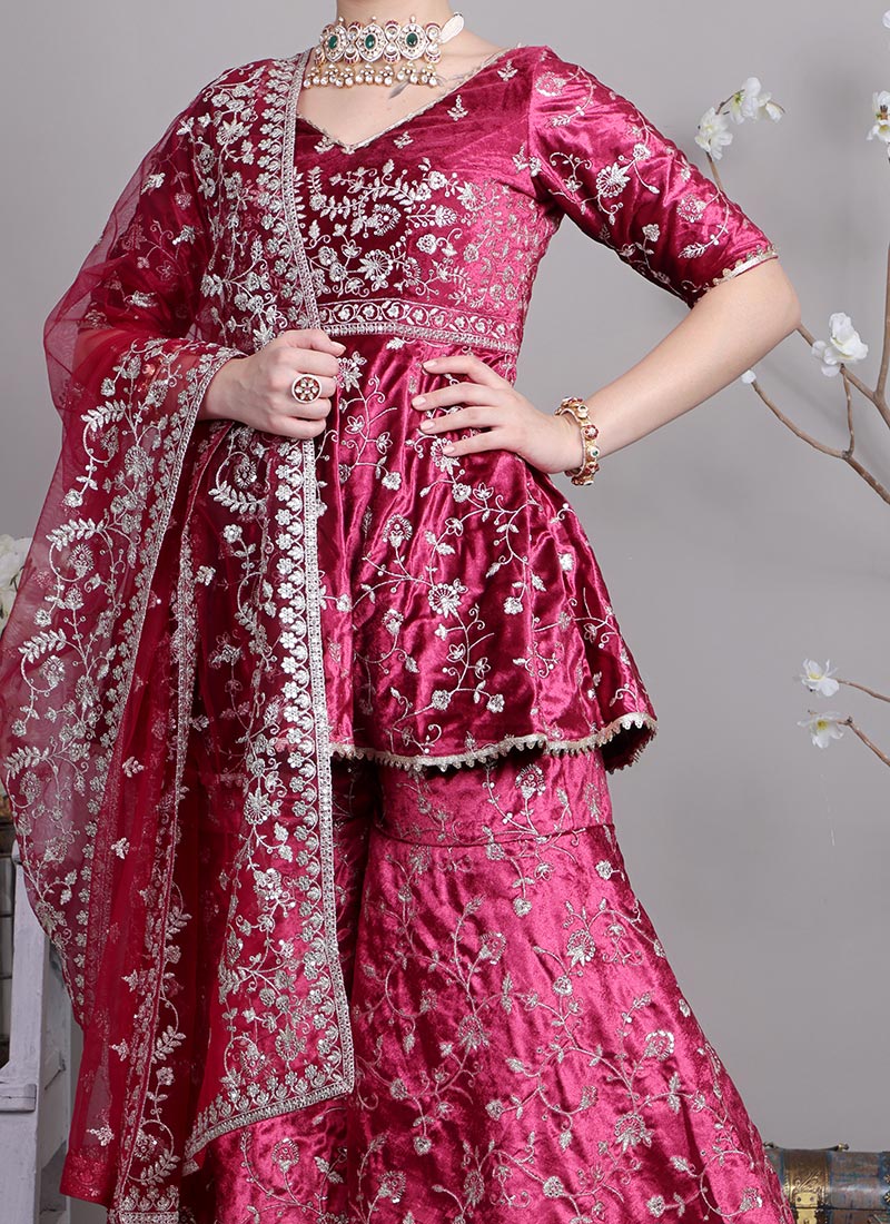 Buy Classic Top With Velvet Embroidered Sharara Suit Wedding Wear ...