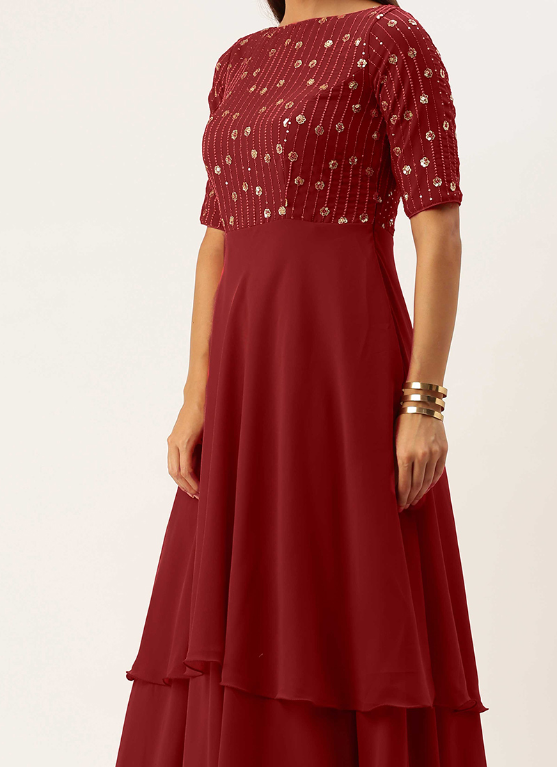 Shop Dark Pink Georgette Embroidered Layered Gown Festive Wear Online ...