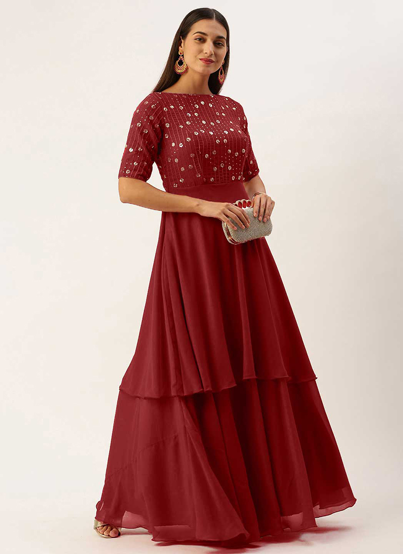 Shop Dark Pink Georgette Embroidered Layered Gown Festive Wear Online ...