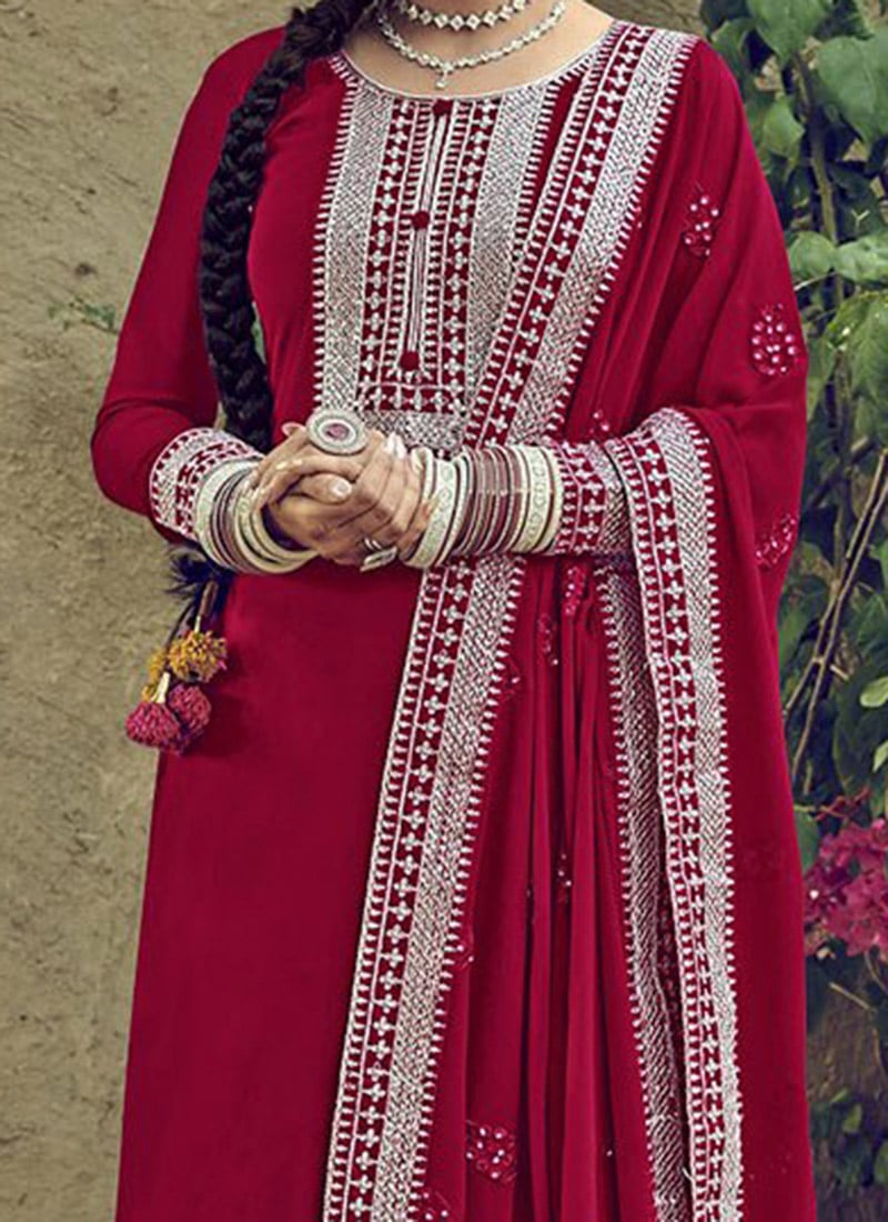 Shop Dark Pink Georgette Embroidered N Sequins Palazzo suit Party Wear ...