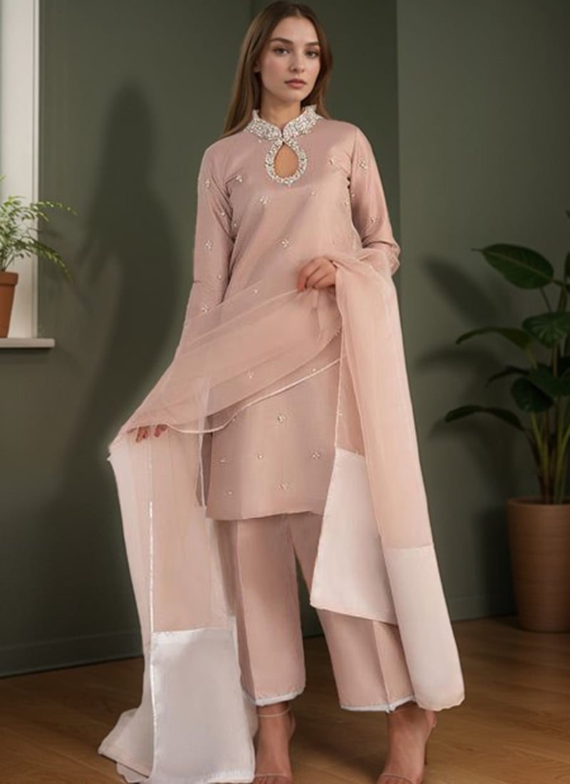 Buy Dusty Pink Silk Zari Hand Embroidered Stones Palazzo Suit Festive ...