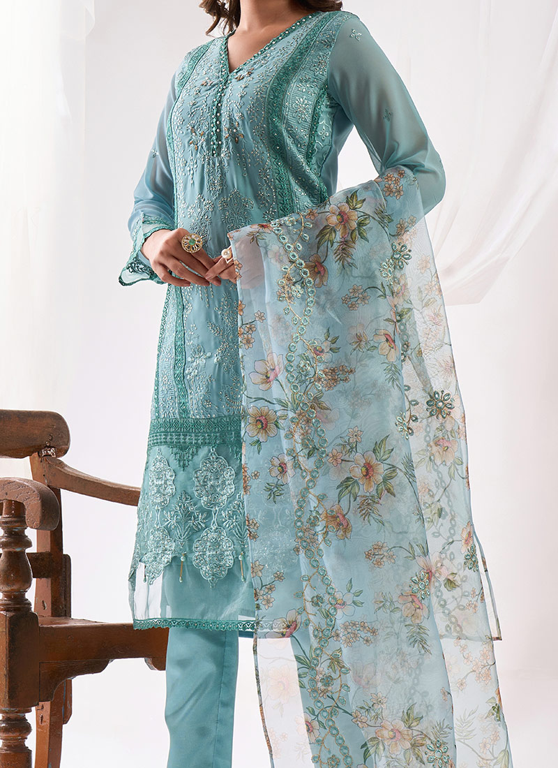 Shop Embroidered Beads Powder Blue Faux Georgette Pakistani Suit Party ...