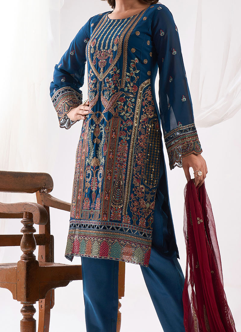 Buy Embroidered Teal Blue Faux Georgette Pakistani Suit Party Wear ...