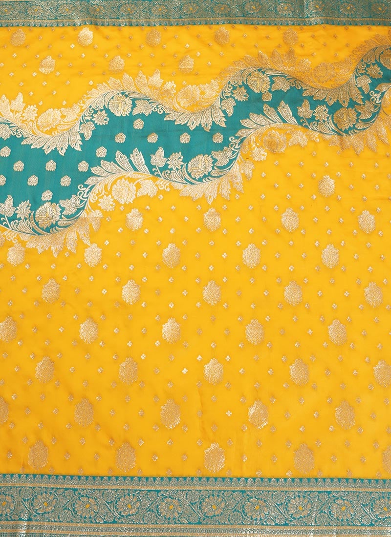 Buy Golden Threads Yellow Benarasi Silk Jacquard Zari Saree Festive ...