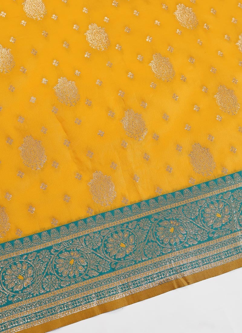 Buy Golden Threads Yellow Benarasi Silk Jacquard Zari Saree Festive ...
