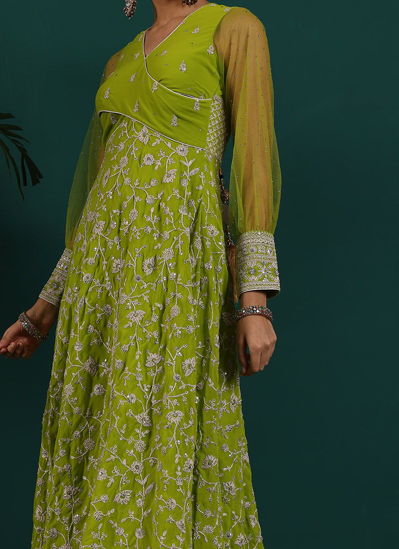 Shop Green Embroidered Georgette Gown Wedding Wear Online at Best Price ...