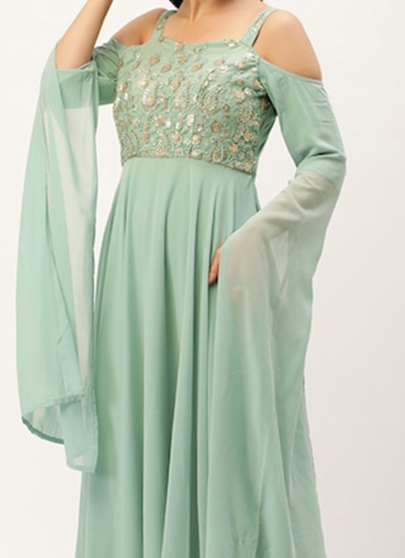 Shop Green Net Embroidered Cape Style Sleeve Gown Party Wear in UK ...