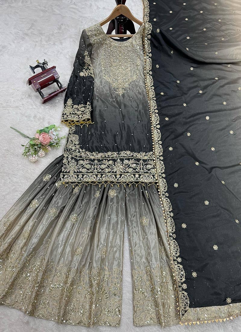 Buy Grey Chinon Zari Sequins Moti Sharara Suit Festive Wear Online at ...