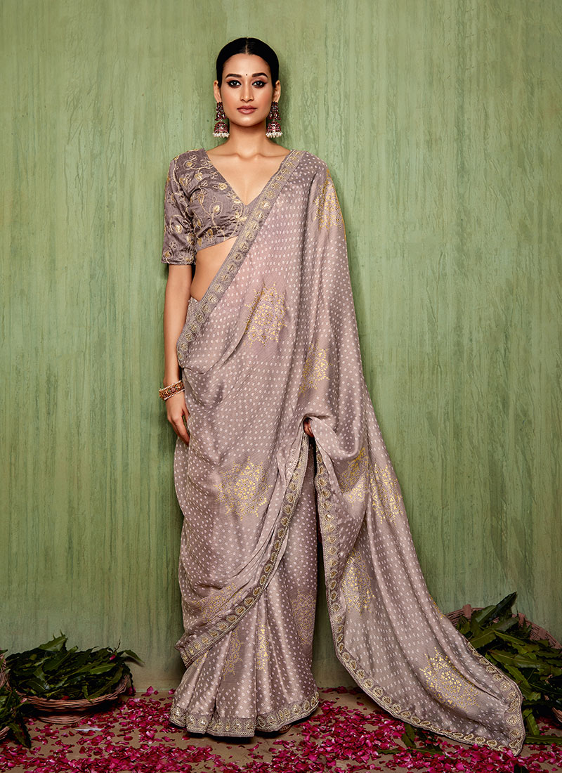 Buy Grey Embroidered Sequins Zari Embossed Silk Saree Party Wear Online ...