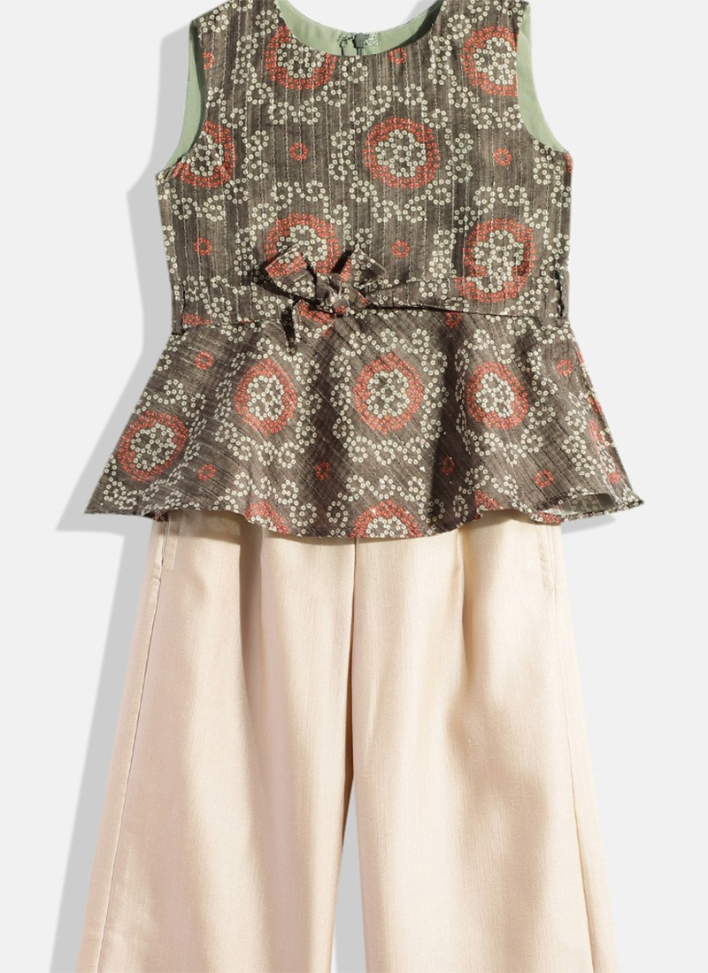 Shop Kids Girls Grey Art Silk Top and Wide Leg Pant Set Online at Best ...