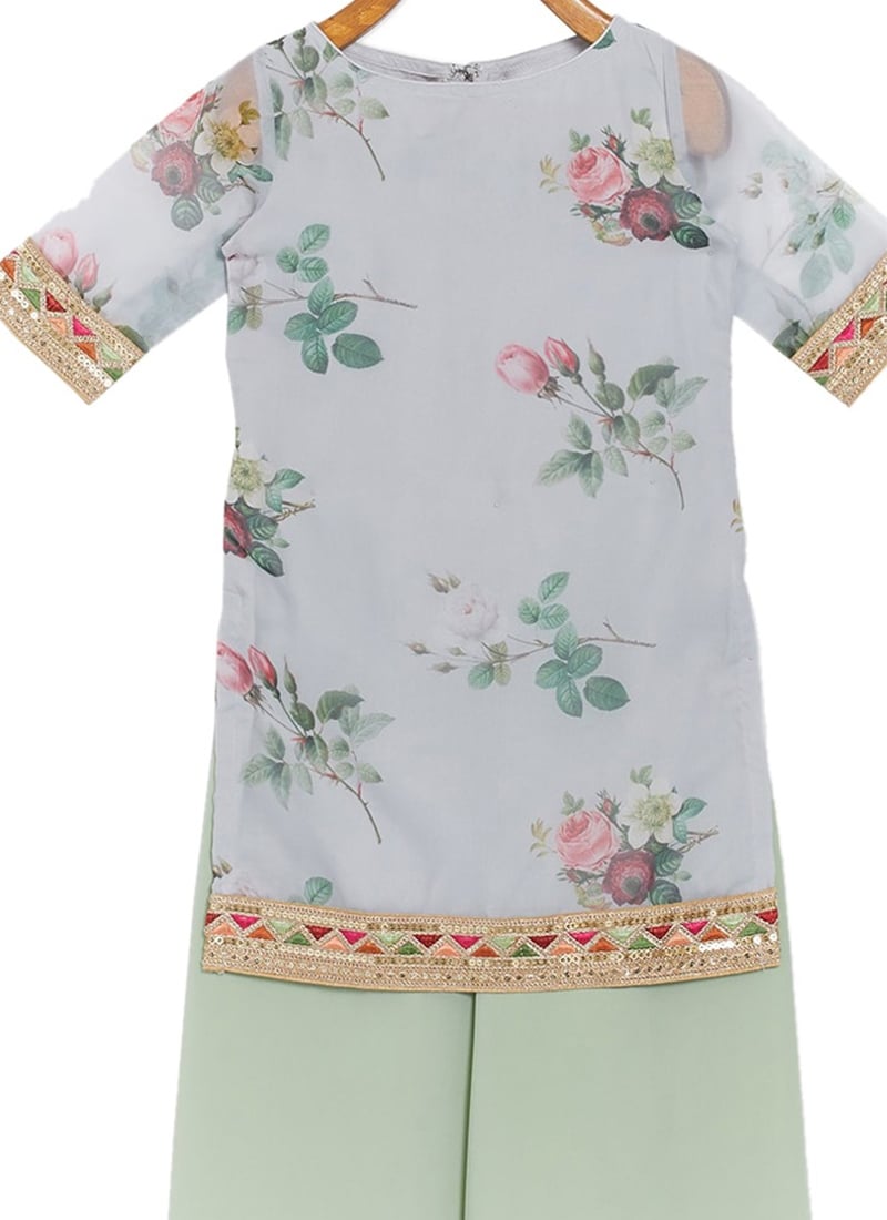 Shop Kids Girls Grey Printed Organza Knee Length Kurta Set Festive Wear ...