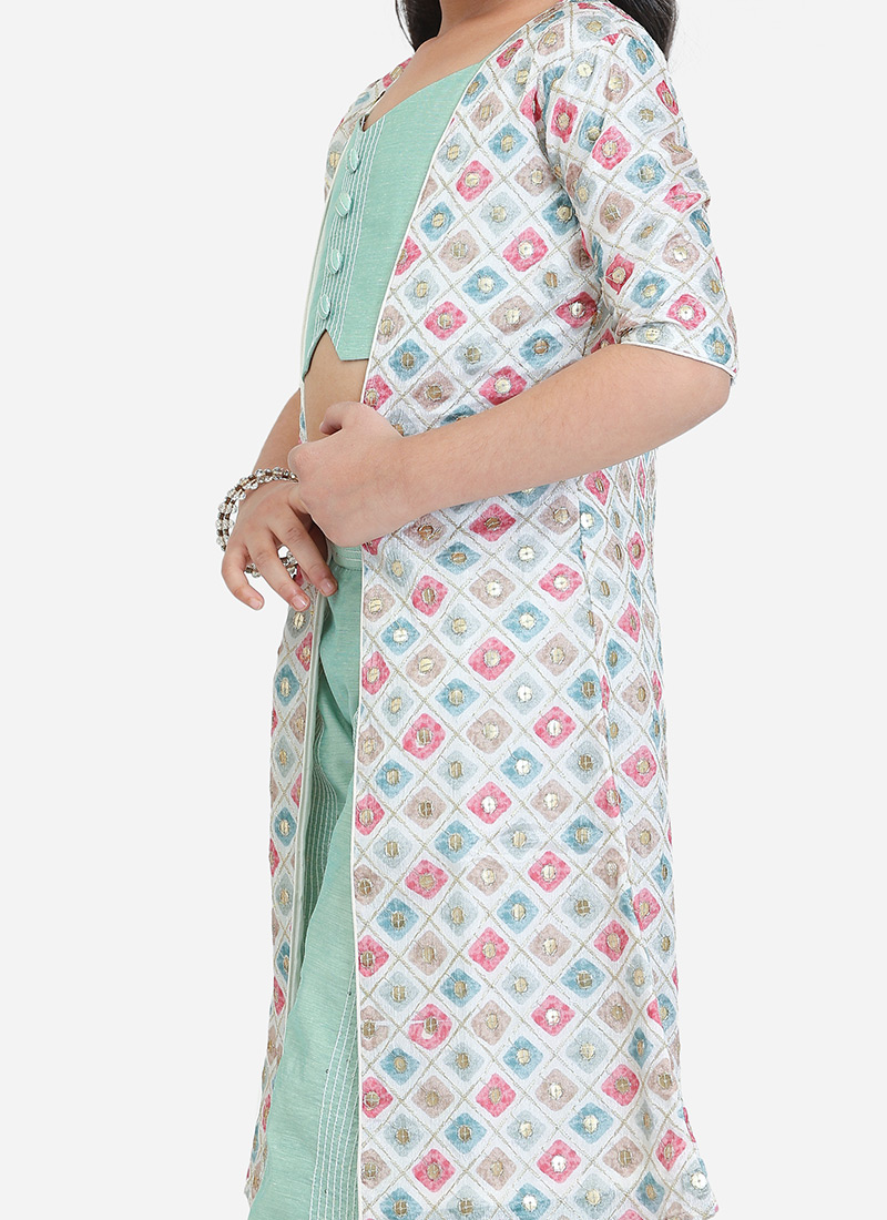 Buy Kids Girls White Jacket N Pista Green Embroidered Palazzo Set ...