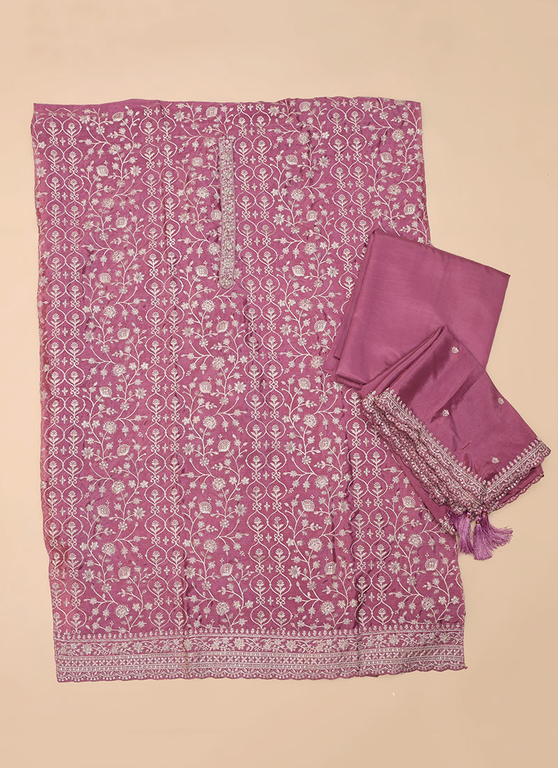 Buy Lavender Chinon Silk Stone Embroidered Sequins Straight Pant Suit ...