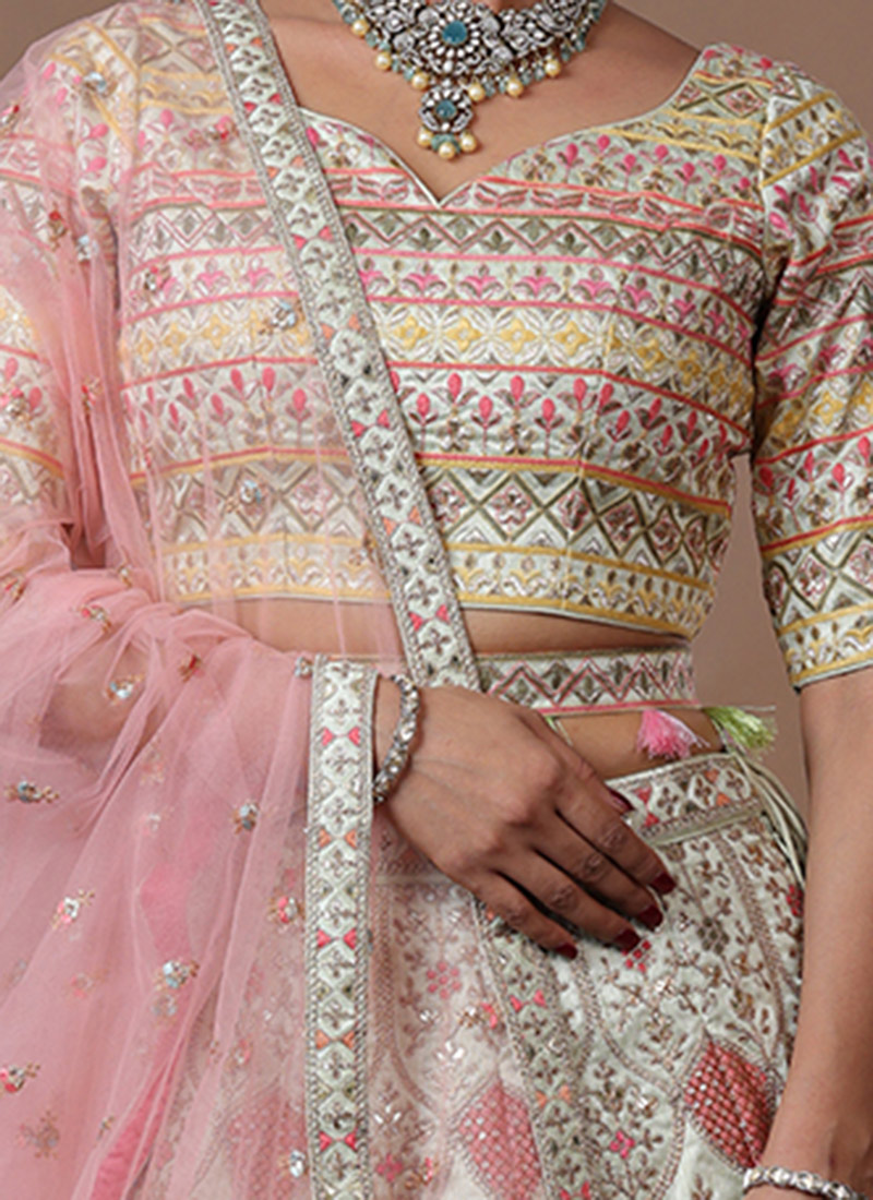Buy Light Pista Dupion Silk Embroidered Kali Lehenga Wedding Wear ...