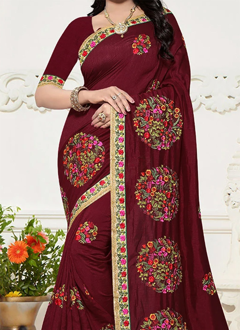 Buy Maroon Embroidered Saree Party Wear Online at Best Price | Cbazaar