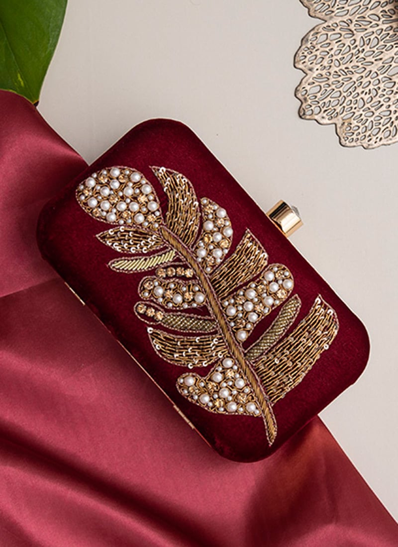 Buy Maroon Velvet Clutch Embossed With Embroidery And Sequins Party ...