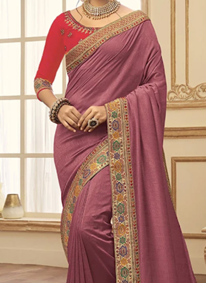Buy Mauve Vichitra Silk Resham Embroidery Saree Festive Wear Online at ...