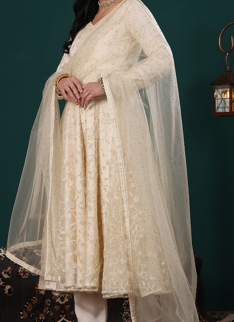 Buy Teen Girls Off White Net Embroidered Anarkali Suit Festive Wear ...