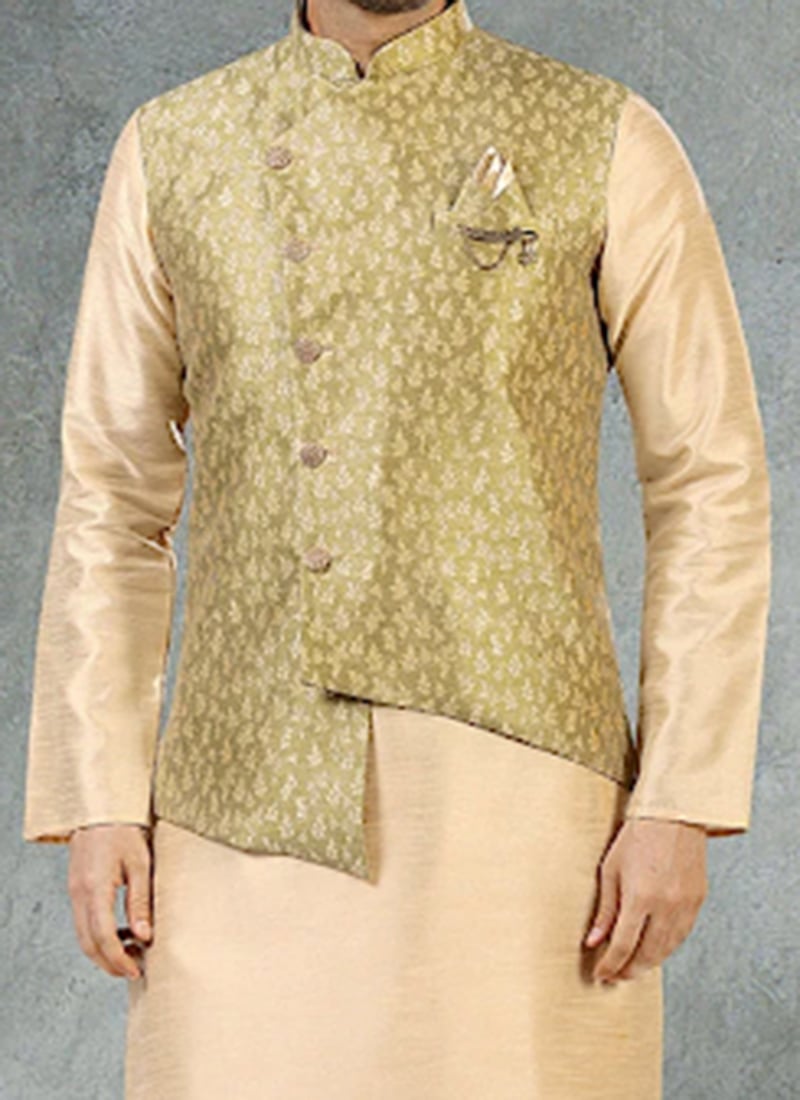 Shop Olive Green Jacquard Benarasi Silk Bandi Set Party Wear Online at ...