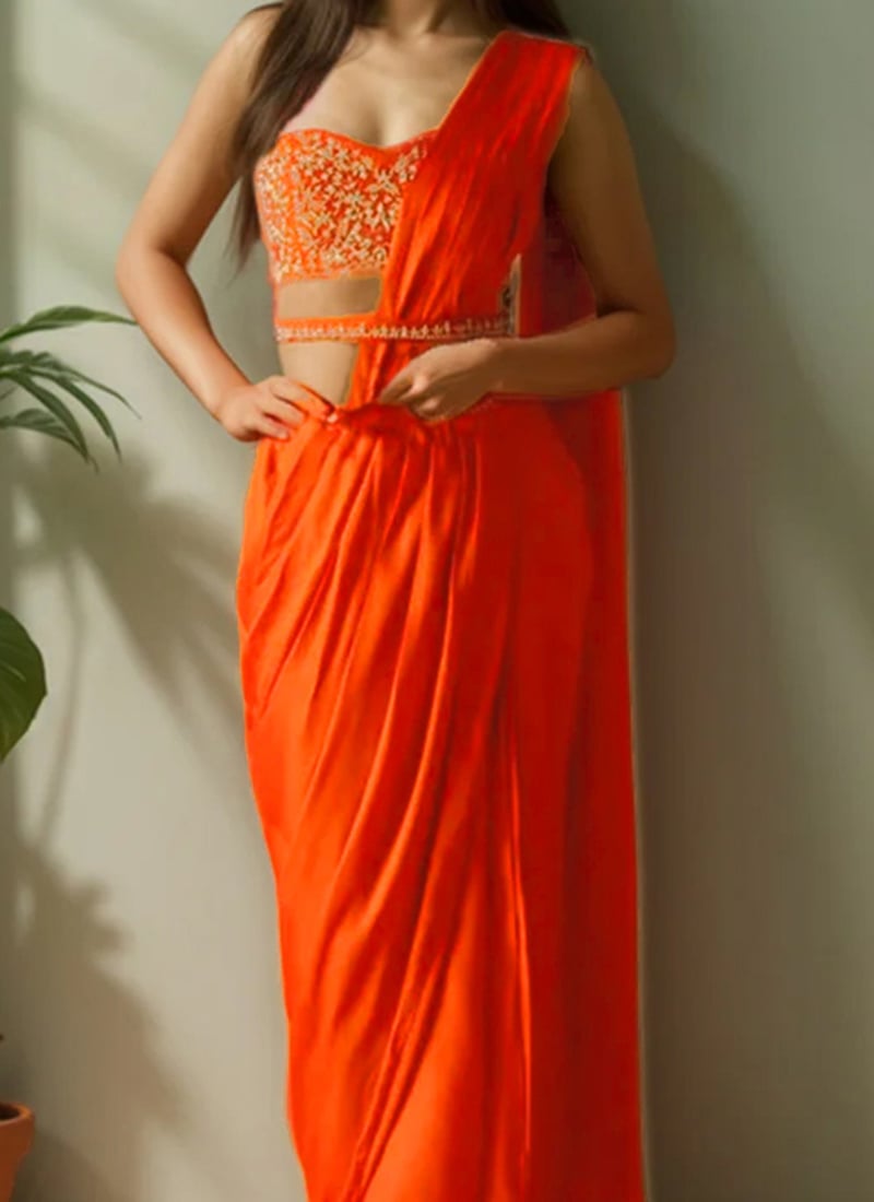 Shop Orange Satin Zardosi Dabaka Hand Embroidered Pre Draped Saree ...
