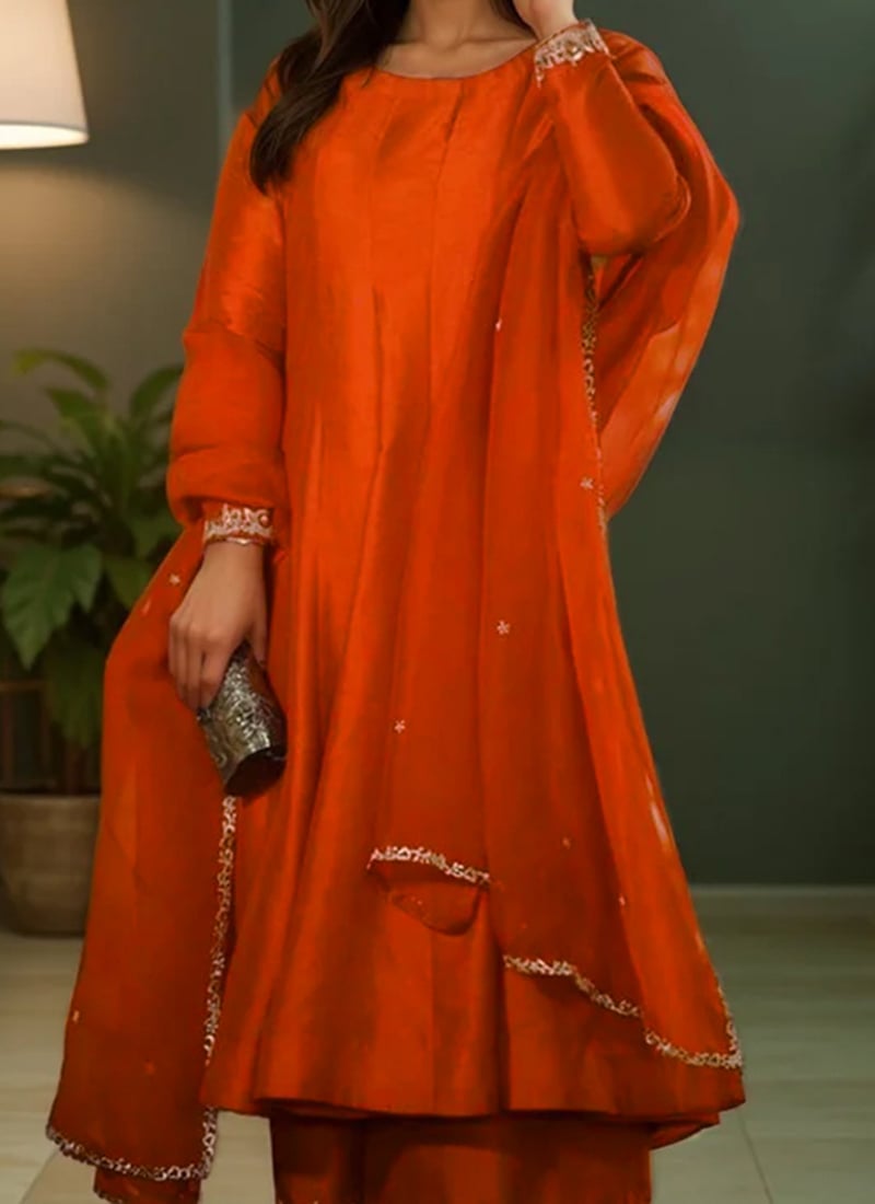 Shop Orange Silk Sequins Lace Work Palazzo Suit Festive Wear Online at ...