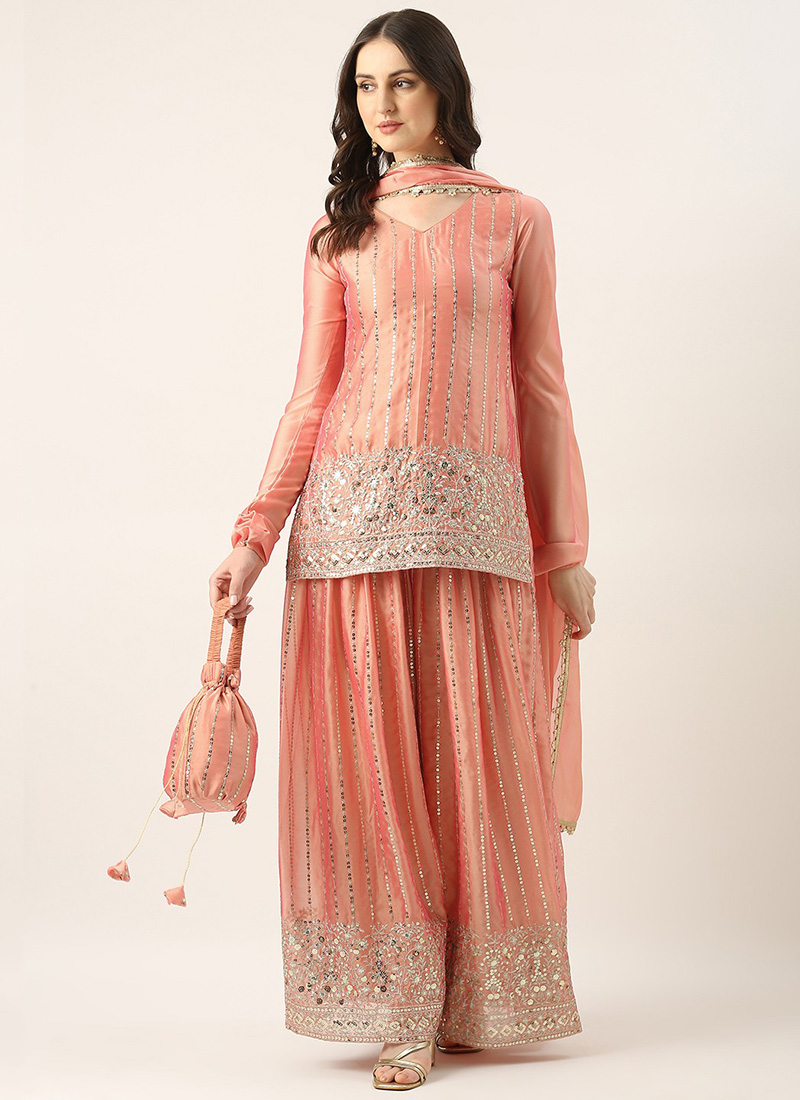 Buy Peach Silk Embroidered Palazzo Suit With Potli Bag Party Wear ...