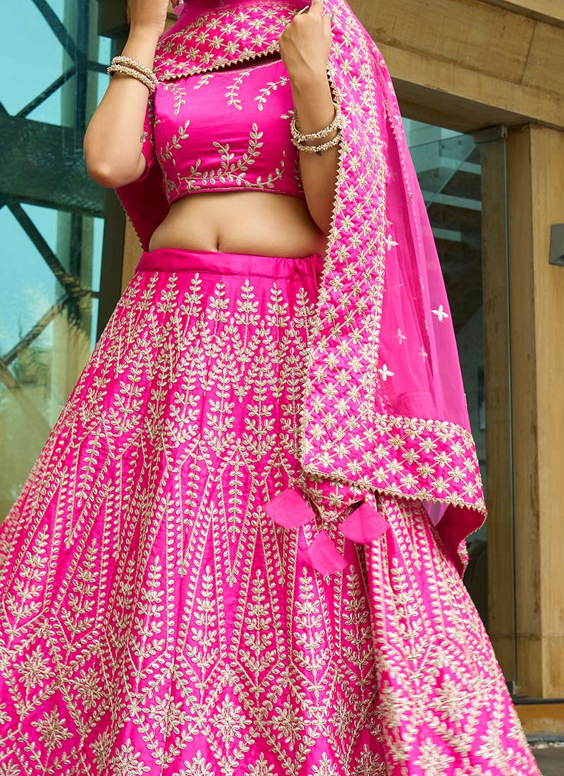Shop Pink Silk Golden Embroidered A Line Lehenga With Matching Choli ...