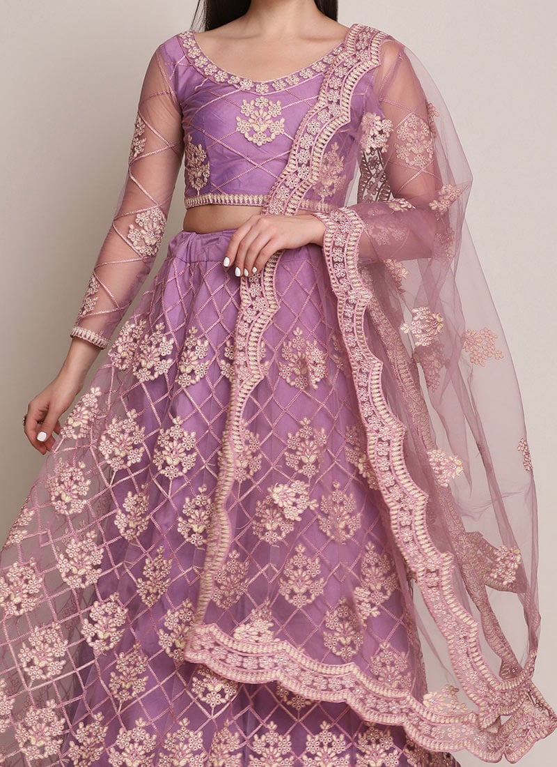 Shop Purple Net Embroidered Stone Work Umbrella Lehenga Party Wear ...