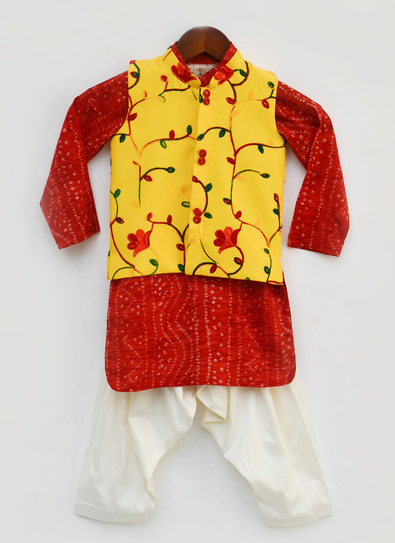 Shop Red N Yellow Cotton Silk Bandhini Bandi Set in UK - Cbazaar