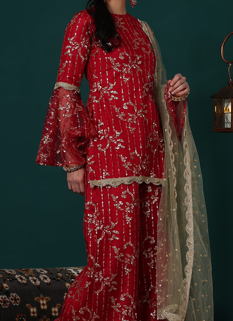 Shop Red Net Embroidered Palazzo Suit Festive Wear Online at Best Price ...