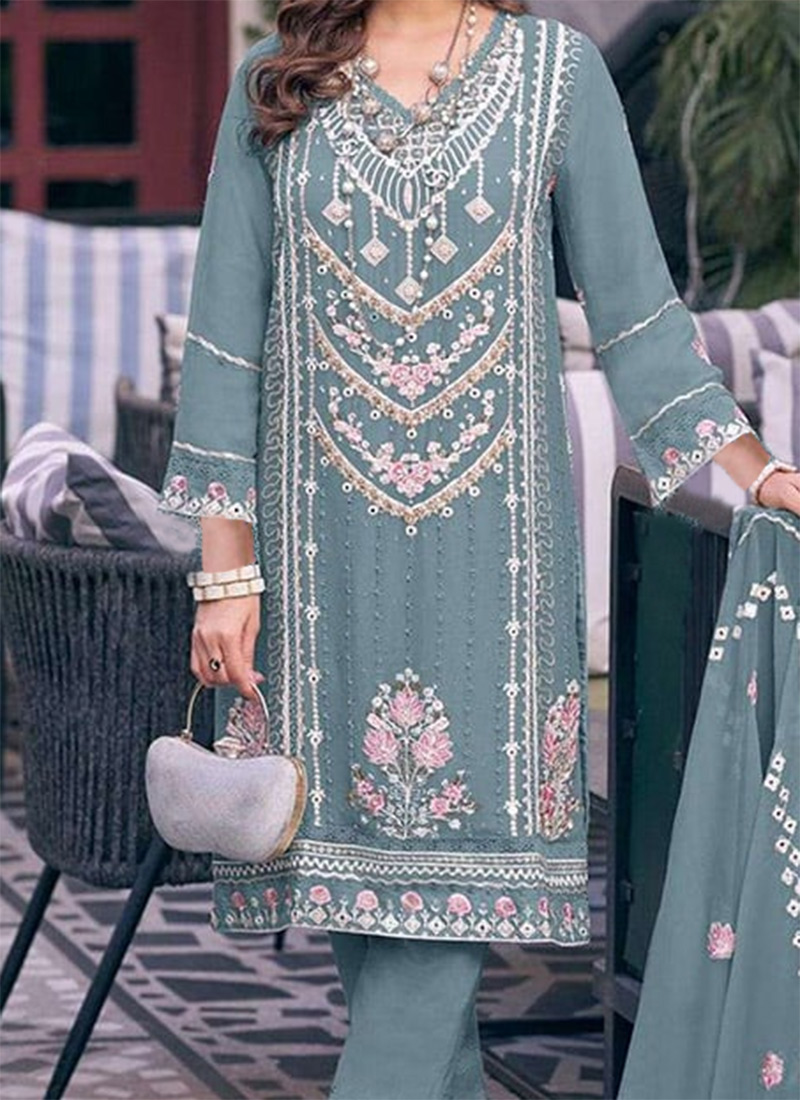 Shop Sky Blue Georgette Straight Pant Suit With Dupatta And Embroidery ...