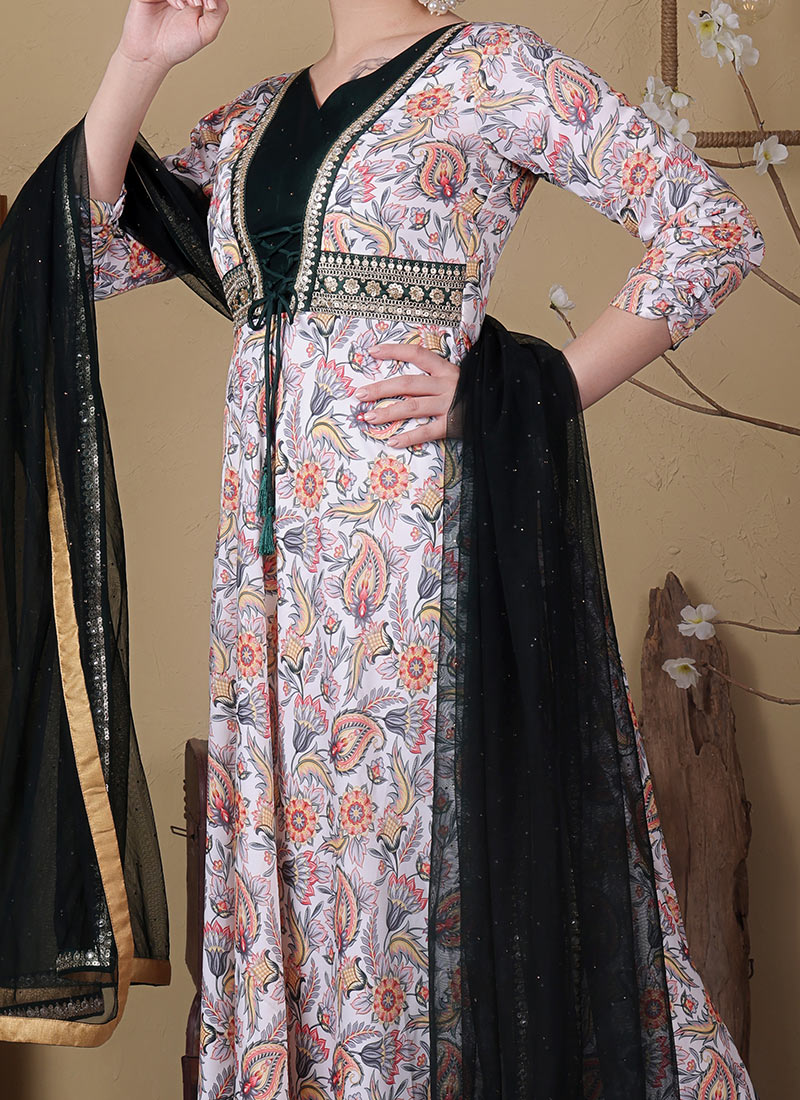 Shop White N Green Satin Digital Printed Anarkali Suit Festive Wear in ...