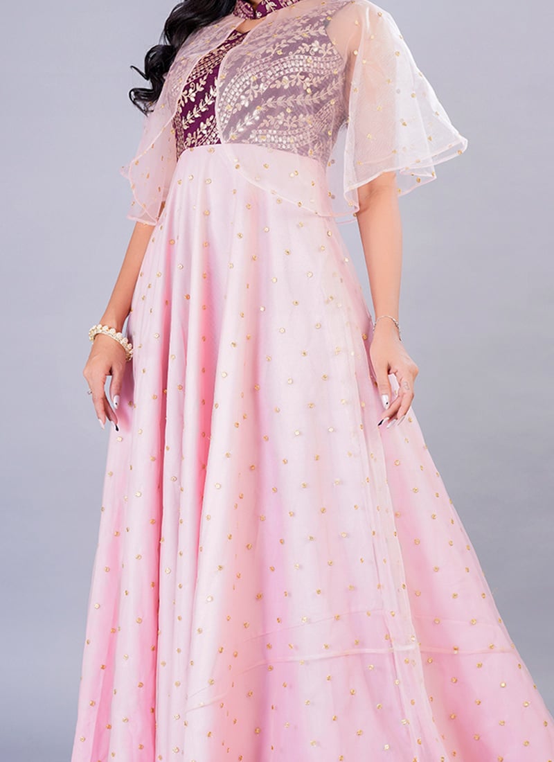 Buy Wine Chinon N Pink Net Embroidered Gown With Cape Party Wear Online ...