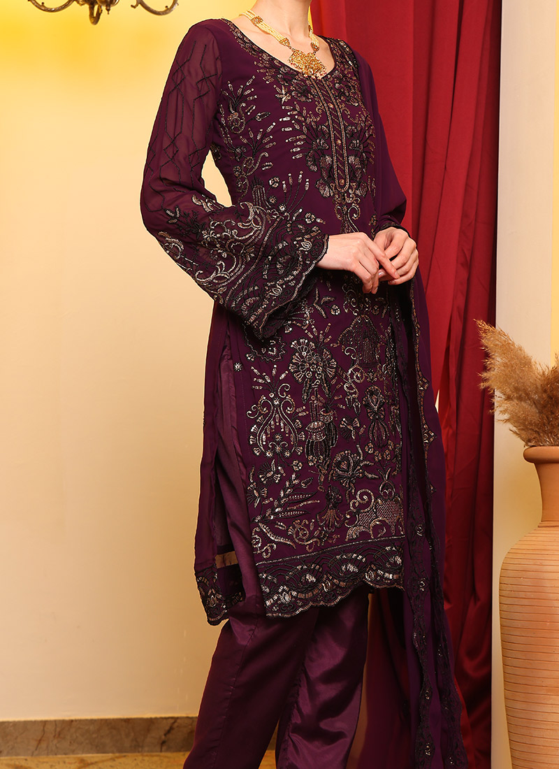 Buy Wine Faux Georgette Thread Work Zari Sequins Pakistani Suit Party ...