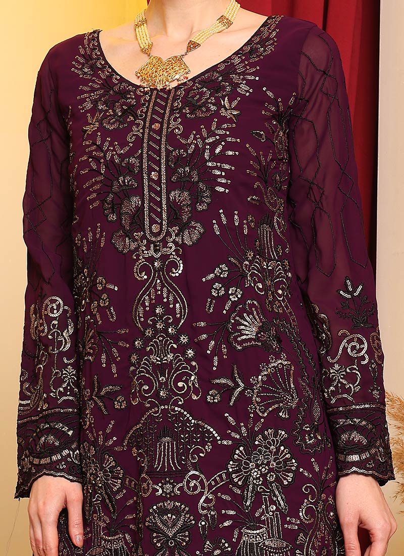 Buy Wine Faux Georgette Thread Work Zari Sequins Pakistani Suit Party ...