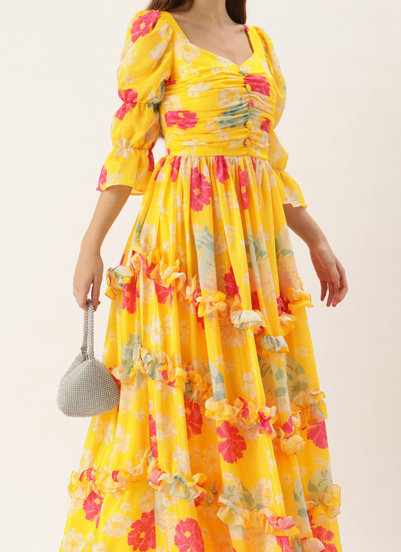 Shop Teen Girls Yellow Chinon Ruching Style Gown Festive Wear Online at ...