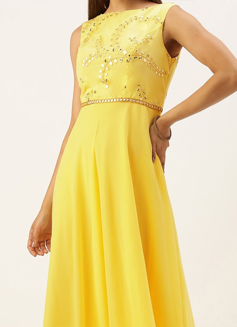Buy Yellow Embroidered Boat Neck Gown Festive Wear Online at Best Price ...