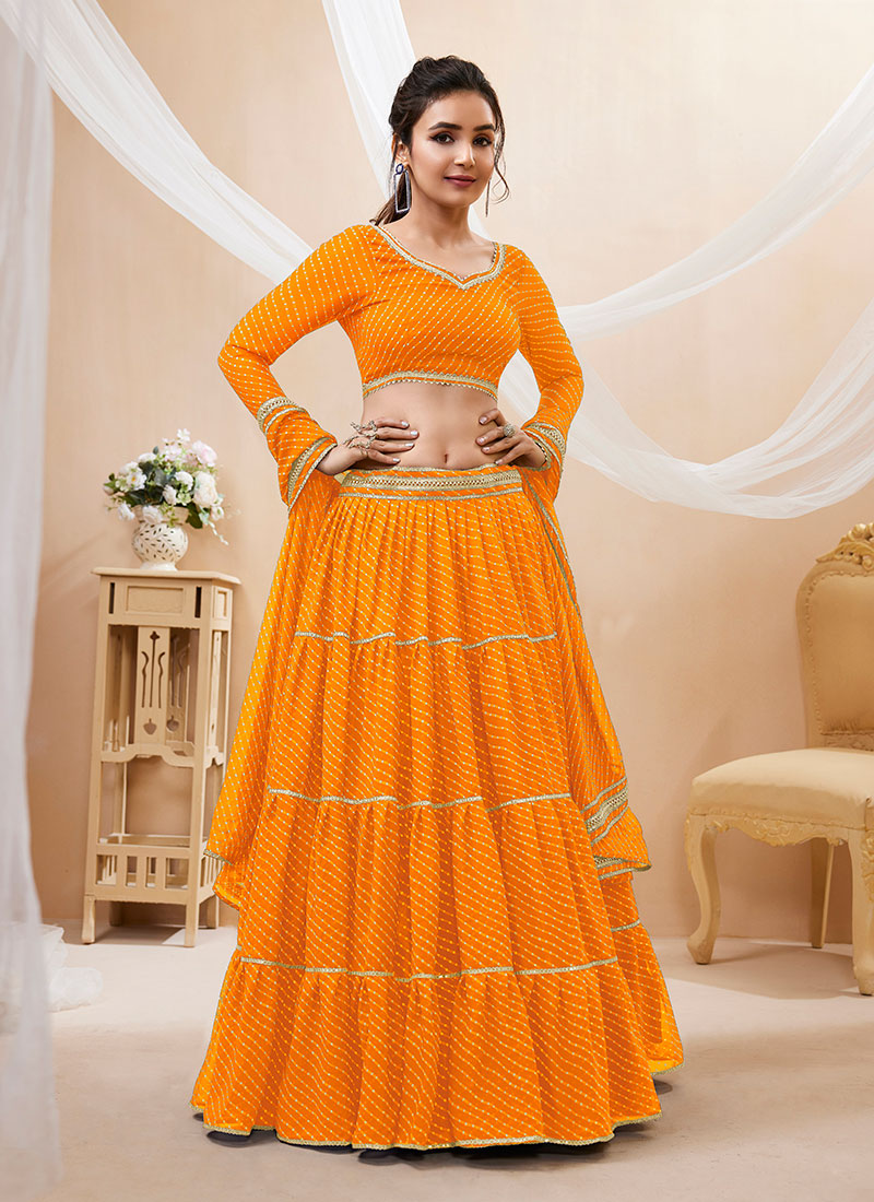 Shop Yellow Georgette Leheriya Print Bhai Duj Special Umbrella Lehenga ...