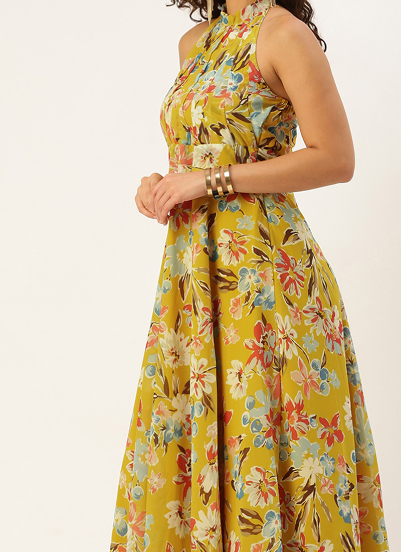 Shop Yellow Printed Halter Neck Georgette Party Wear Online at Best ...