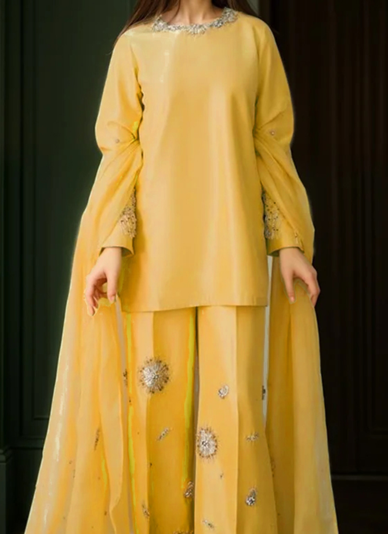 Buy Yellow Silk Moti And Cutdana Hand Embroidered Palazzo Suit Festive ...