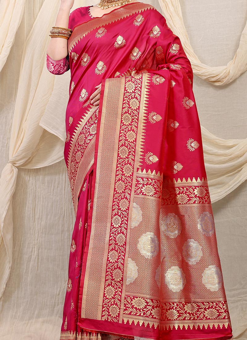 Shop Zari Weaving Patola Silk Rani Pink Color Saree Festive Wear Online ...