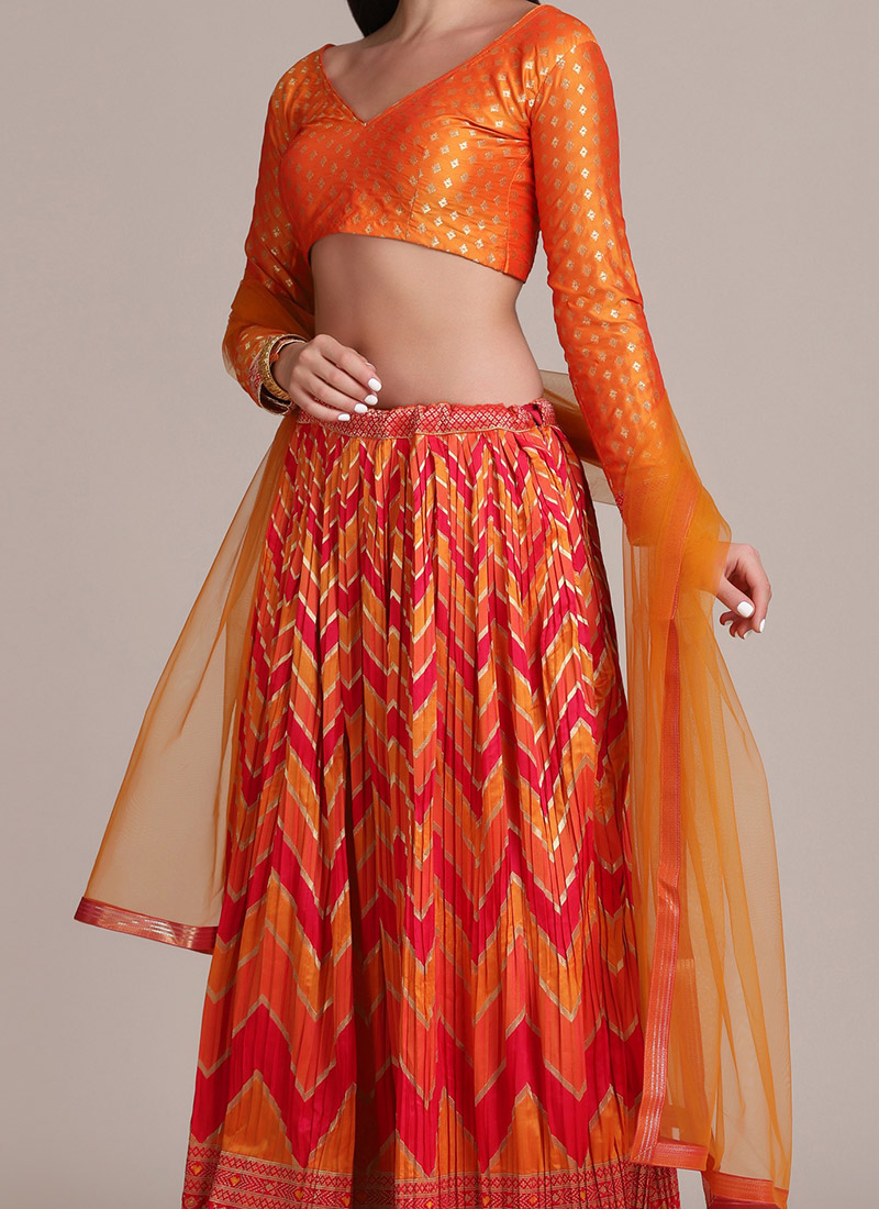 Buy A Line Lehenga Mustard Jacquard Print Silk Zari Woven Lace Border ...