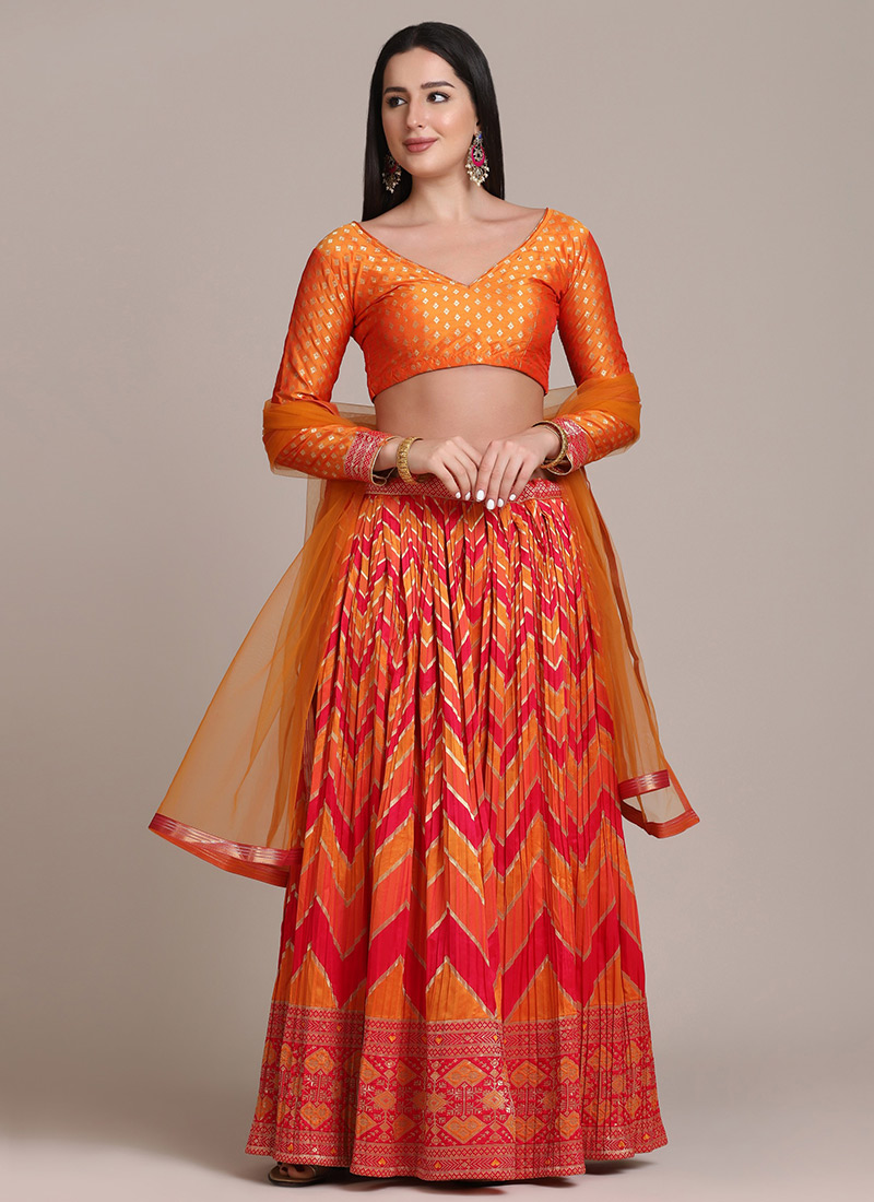 Buy A Line Lehenga Mustard Jacquard Print Silk Zari Woven Lace Border ...