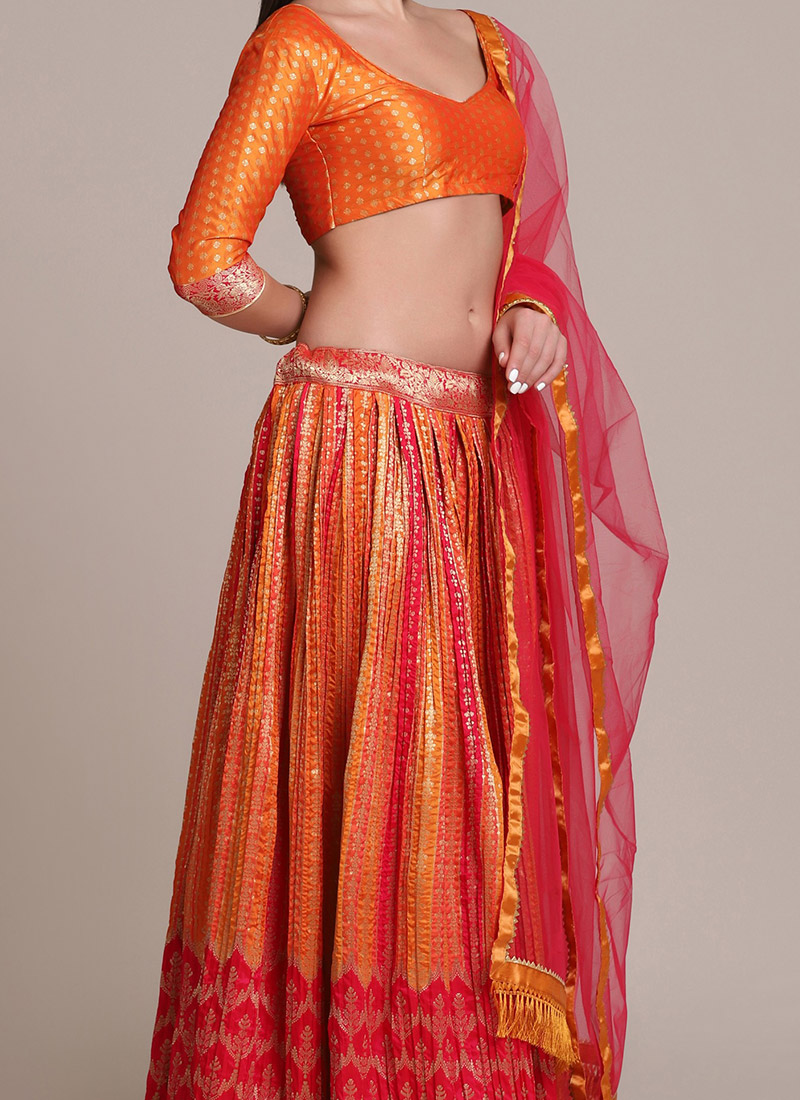 Shop A Line Lehenga Orange Jacquard Print Silk Zari Woven Lace Border ...
