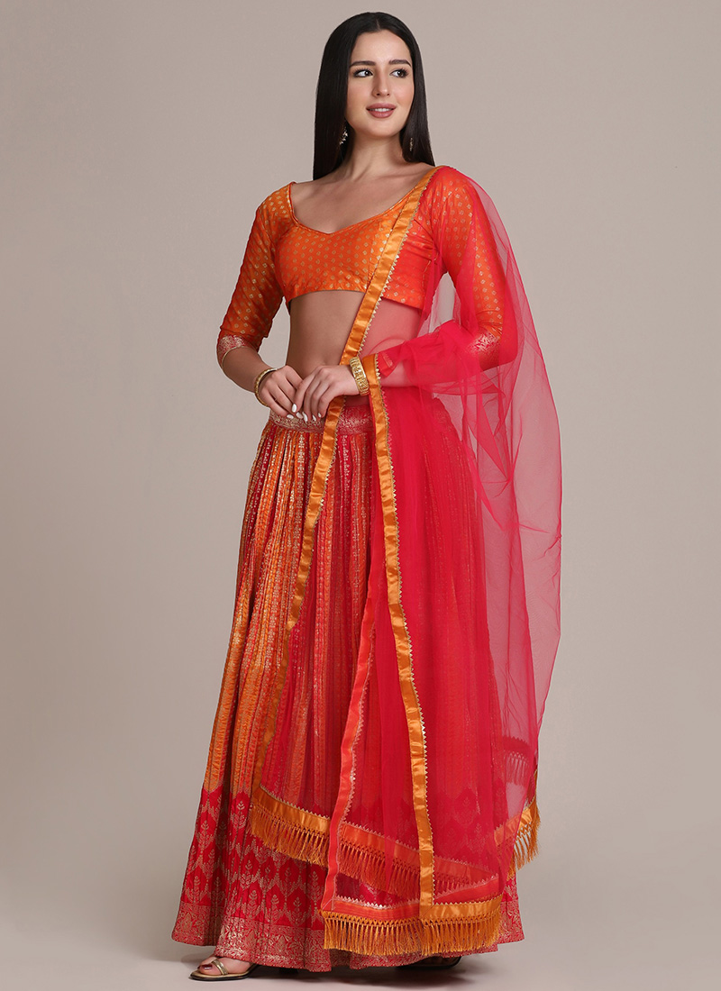 Shop A Line Lehenga Orange Jacquard Print Silk Zari Woven Lace Border ...
