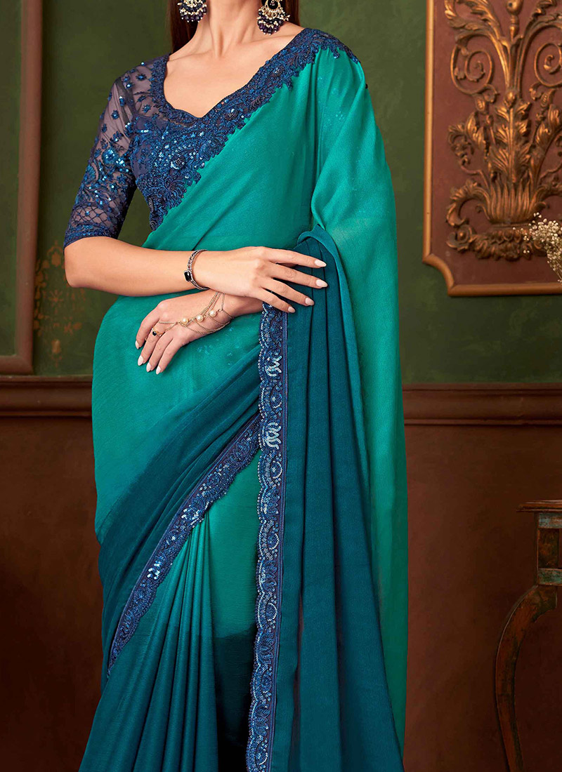 Shop Alluring Blue Chiffon Zari Embroidered Sequins Dual Color Saree ...